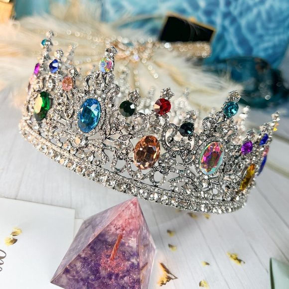 Handmade | Accessories | Rainbow Rhinestone Crown Silver Crown Wedding ...